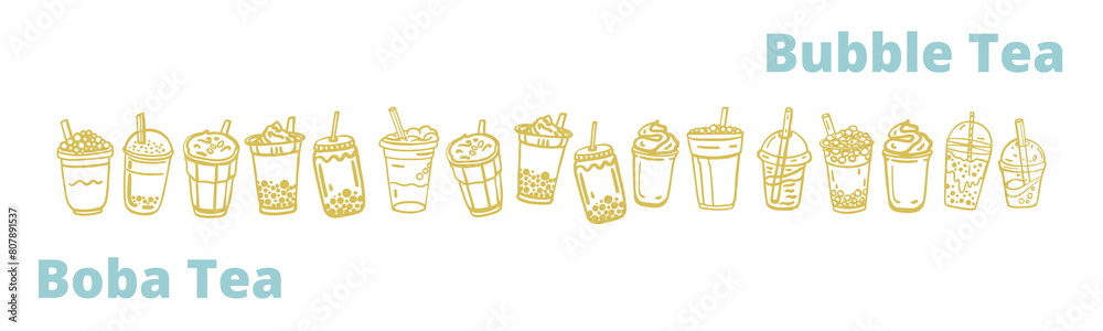 Hand drawn bubble milk tea set with cute doodle decoration. Boba milk ...