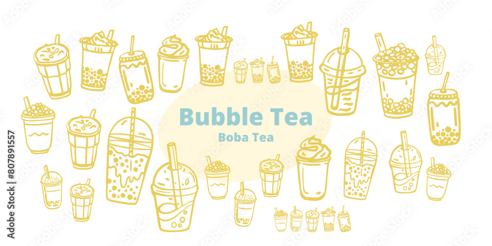Hand drawn bubble milk tea set with cute doodle decoration. Boba milk ...