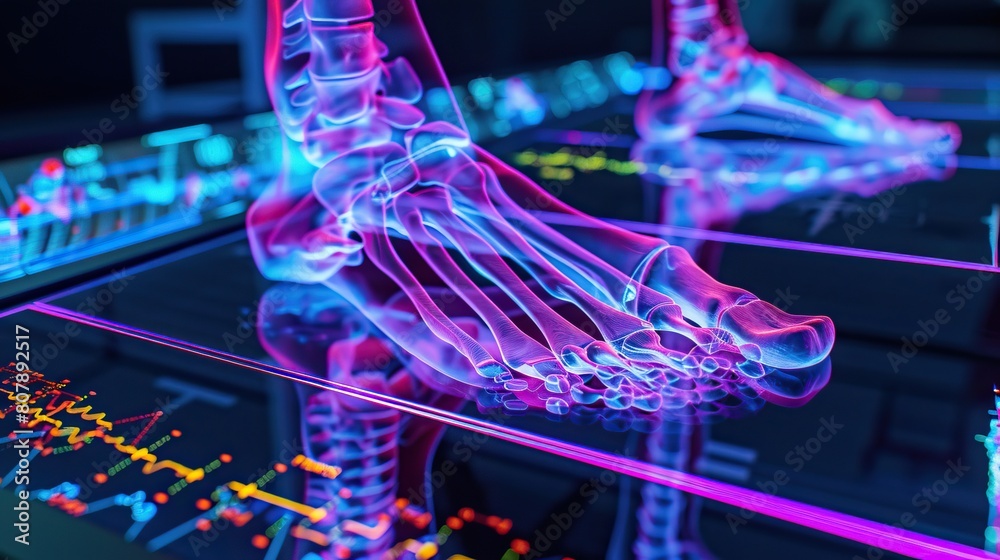 An Xray scan of a human foot and ankle displayed on a 3D rendered ...