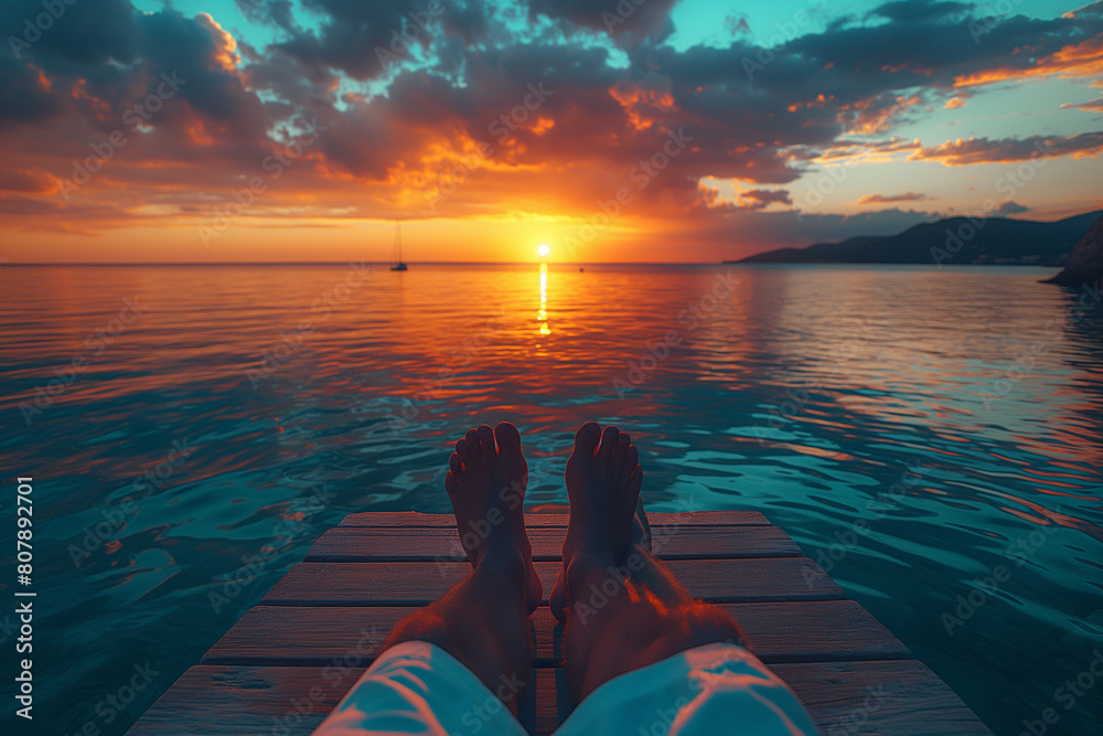 Two friends sitting on a dock, feet dangling over the edge, as they ...