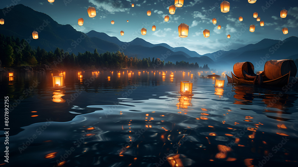 Lanterns fly in sky at river, Flying lanterns in the night sky during ...