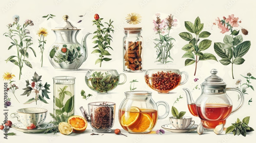botanical illustration of herbal tea ingredients displayed on a ...