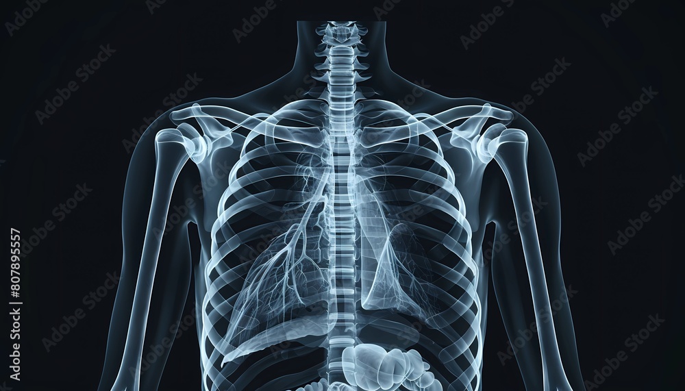 X-ray view of a human chest wall thoracic region skeletal structure ...
