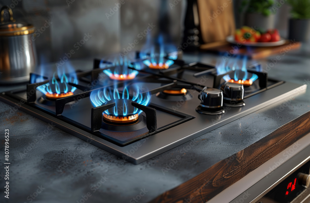 Simple gas cooker with four gas burners, little blue flame with red tip ...