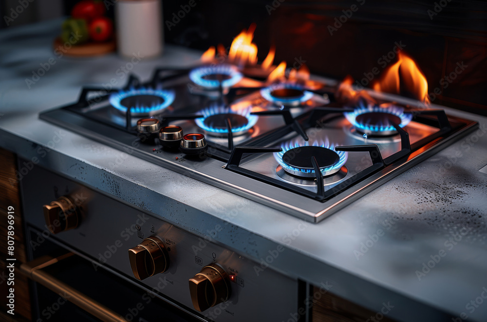 Simple gas cooker with four gas burners, little blue flame with red tip ...