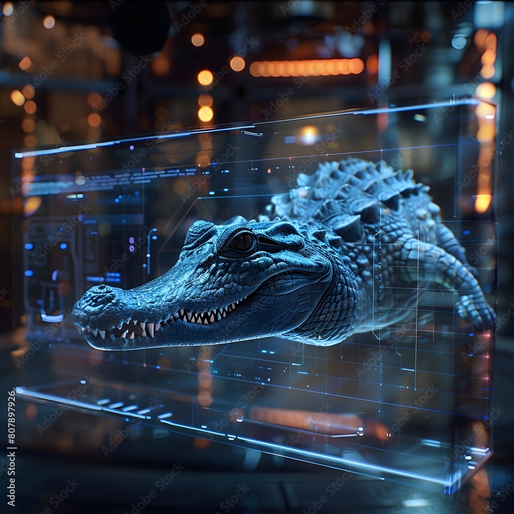 A crocodile is shown in a digital image. The image is a close up of the ...