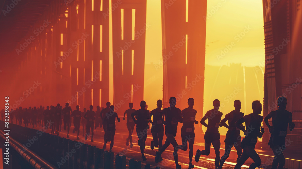 silhouetted runners crossing a bridge or overpass during a dawn ...