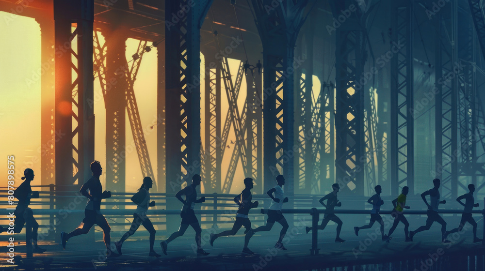 silhouetted runners crossing a bridge or overpass during a dawn ...