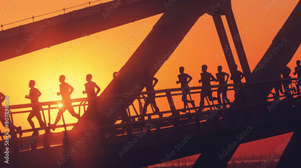 silhouetted runners crossing a bridge or overpass during a dawn ...
