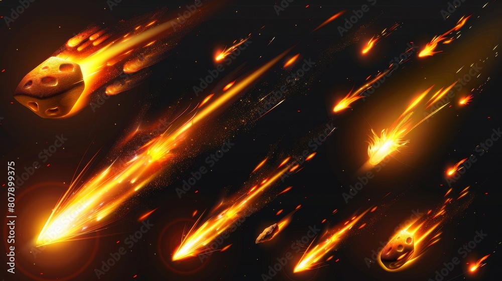 A modern realistic set of falling glowing meteorites from space ...