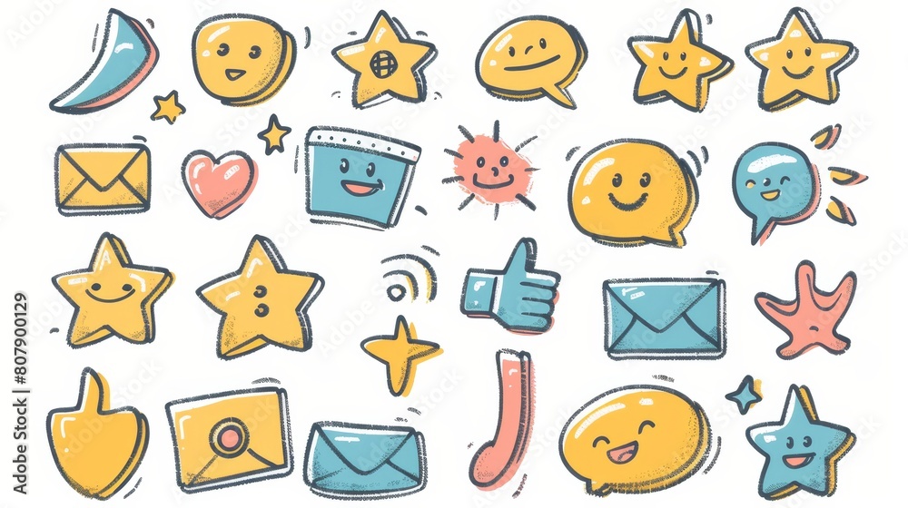 Linear ratings and reviews icons set in doodle style, isolated modern ...