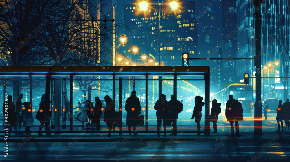 Figures standing in line at a city bus stop, their outlines highlighted ...