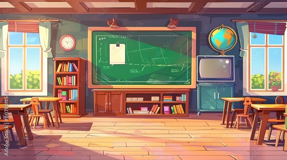 Grass green chalkboard, wooden tables and chairs, bookcase, globe, and ...