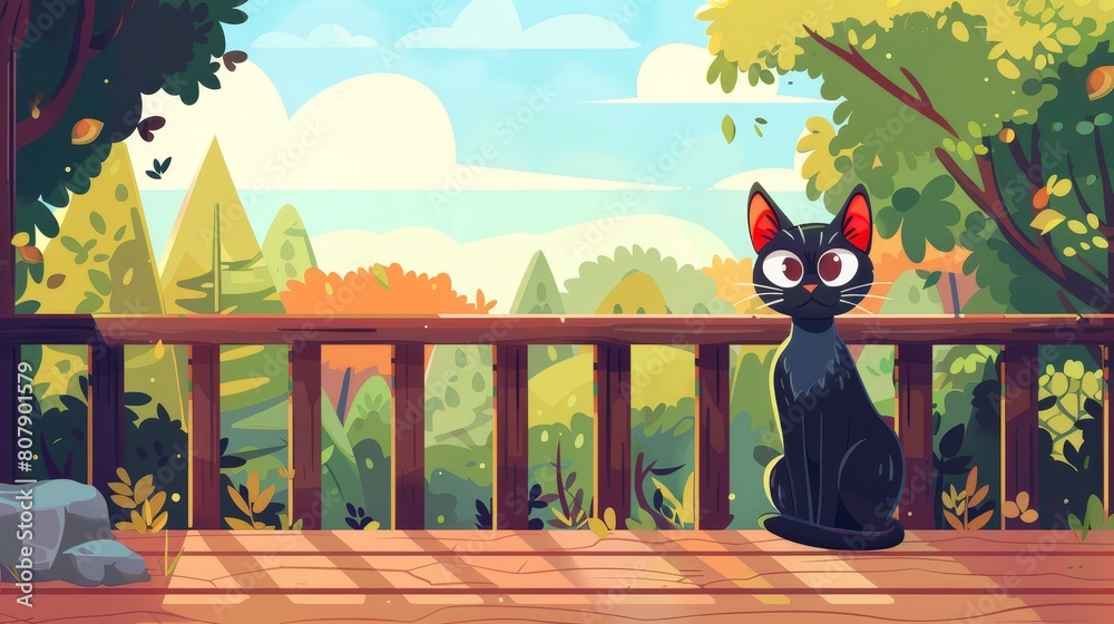 Cat sitting on wooden terrace fence on forest landscape. Modern cartoon ...