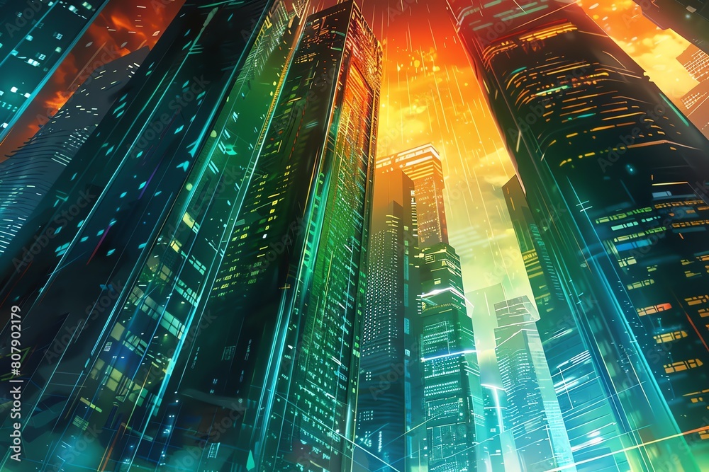 Explore a futuristic cityscape, blending sleek, metallic skyscrapers with mind-bending optical ...