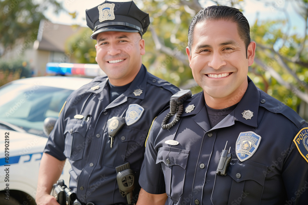 portrait of two smiling police officers, partners in uniform, standing ...
