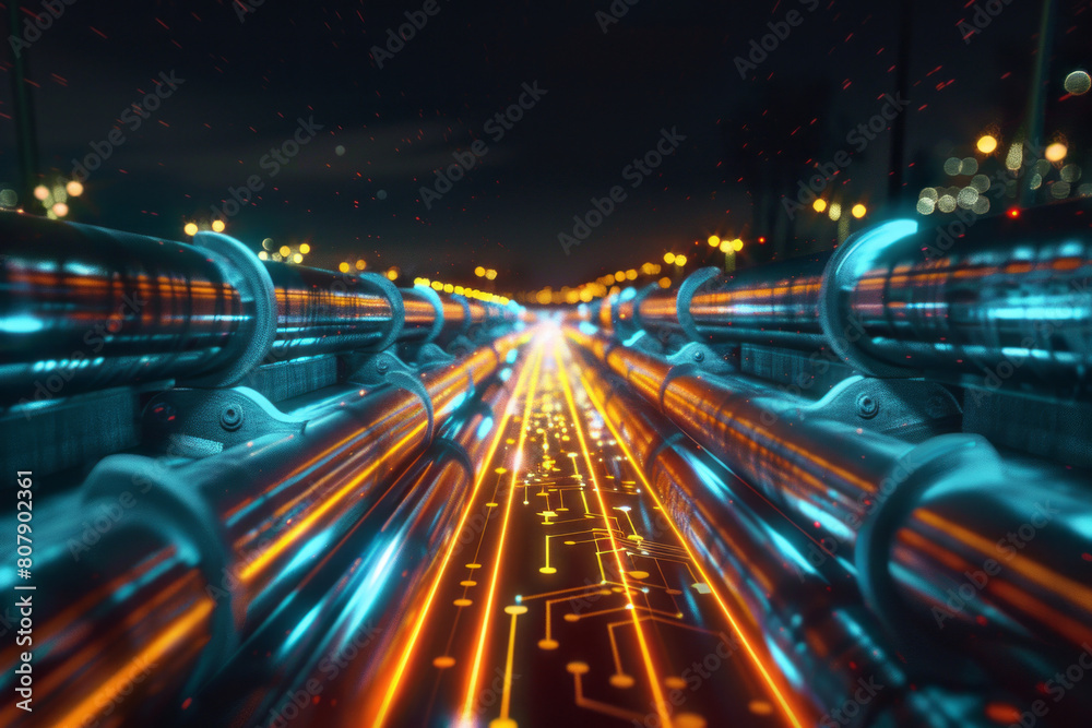 Futuristic pipes with flowing circuit traces in a vibrant factory Stock ...