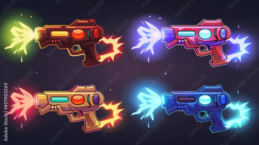 Raygun pistols, in game comic energy phasers with colorful lightnings ...