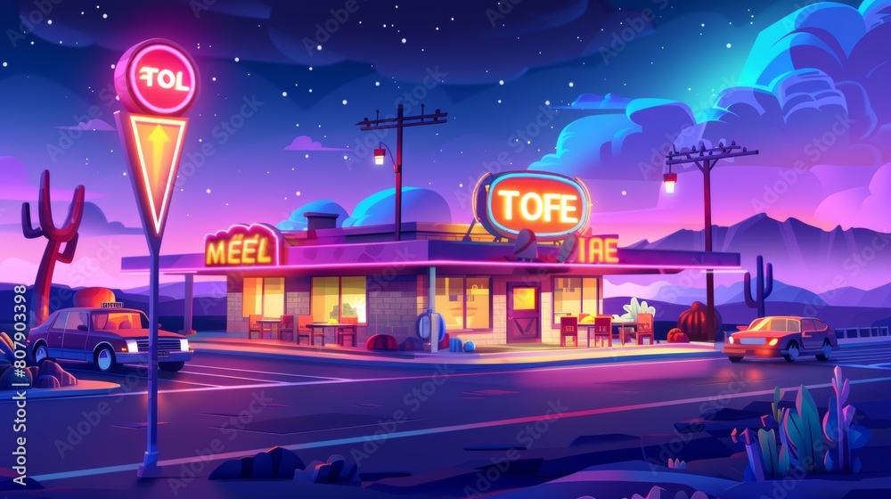 Animated modern illustration of a motel at night along a highway ...