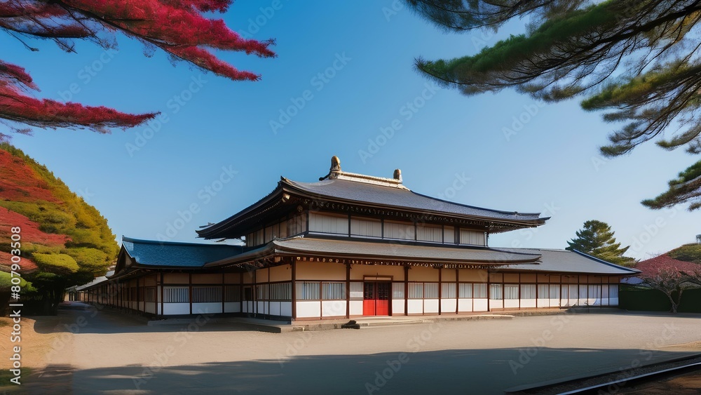 Typical japanese school building exterior view with red doors and a ...