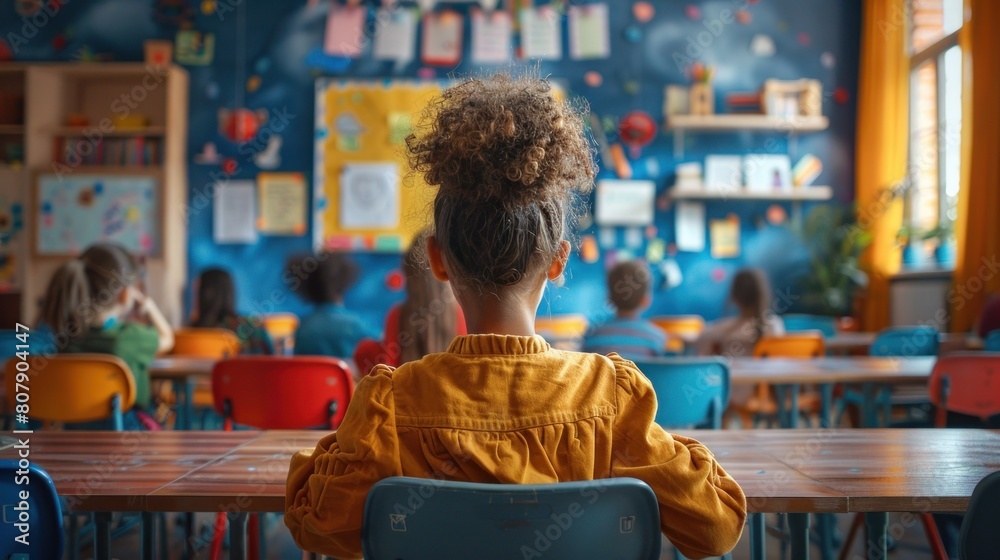 An elementary school student in a classroom filled with CGI technology ...
