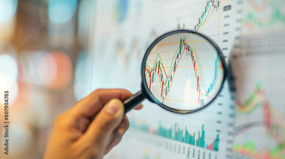 a hand holding a magnifying glass over a whiteboard covered with stock ...