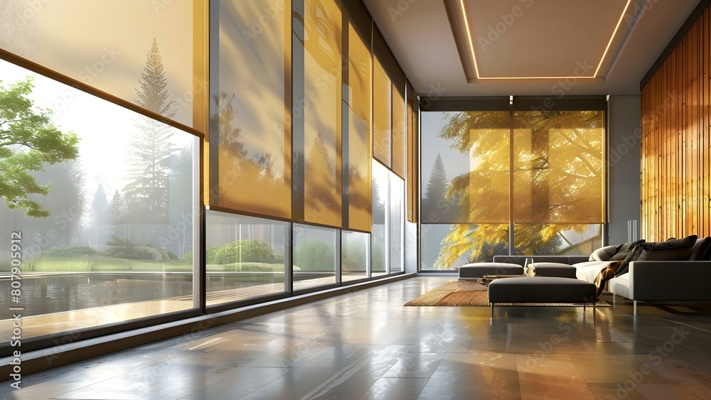 Automated Solar Shades Enhance Modern Interior with Wooden Panels ...