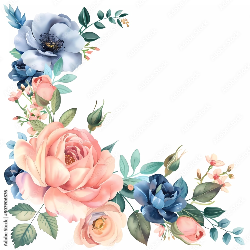 Watercolor floral corner border. Blush pink roses, peonies, blue ...