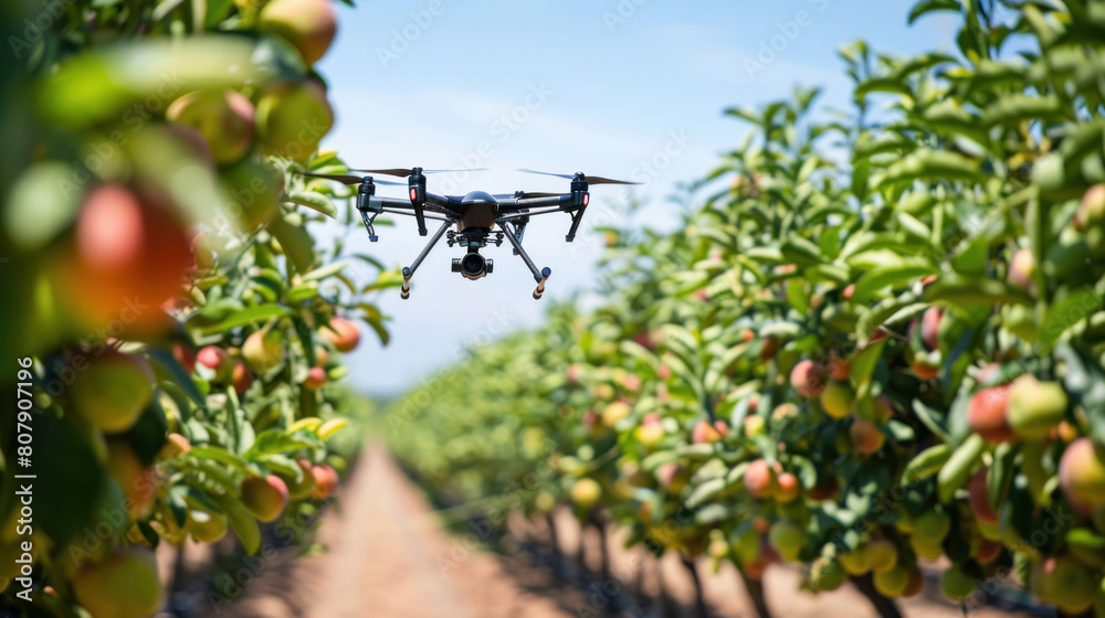 high-tech drones equipped with multispectral cameras flying over orchards, capturing detailed ...