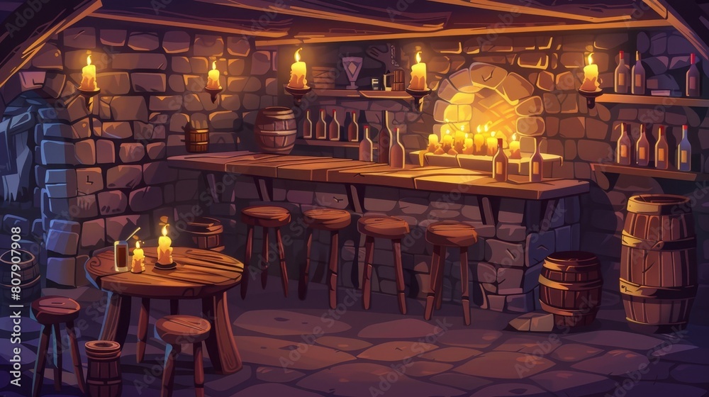 Animated medieval tavern cartoon illustration. Old pub with stone walls ...