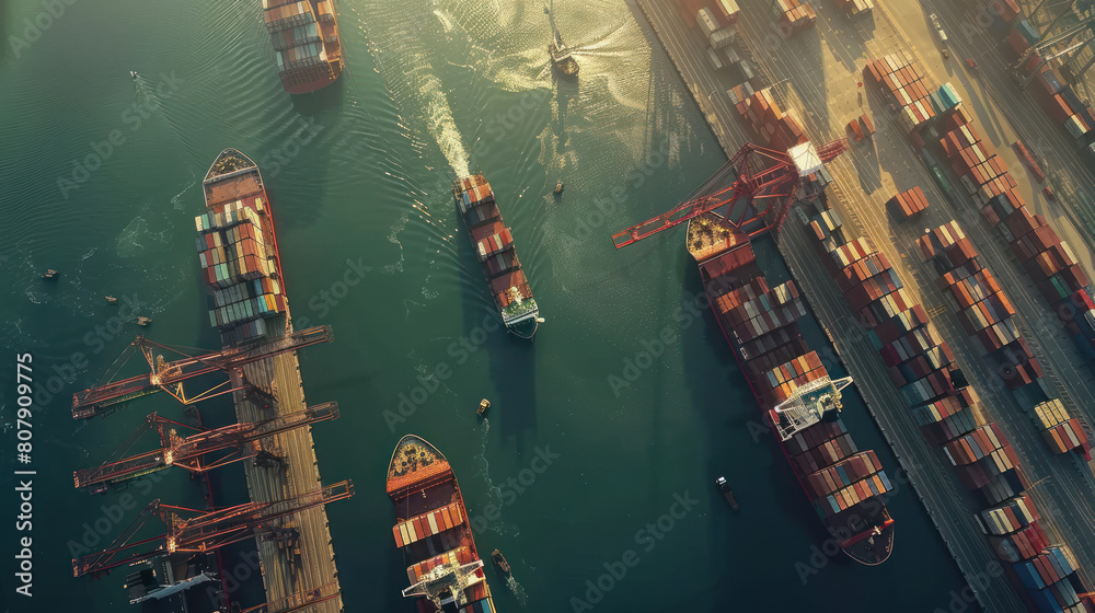 bird's-eye view of a busy port facility, with cargo ships being loaded ...