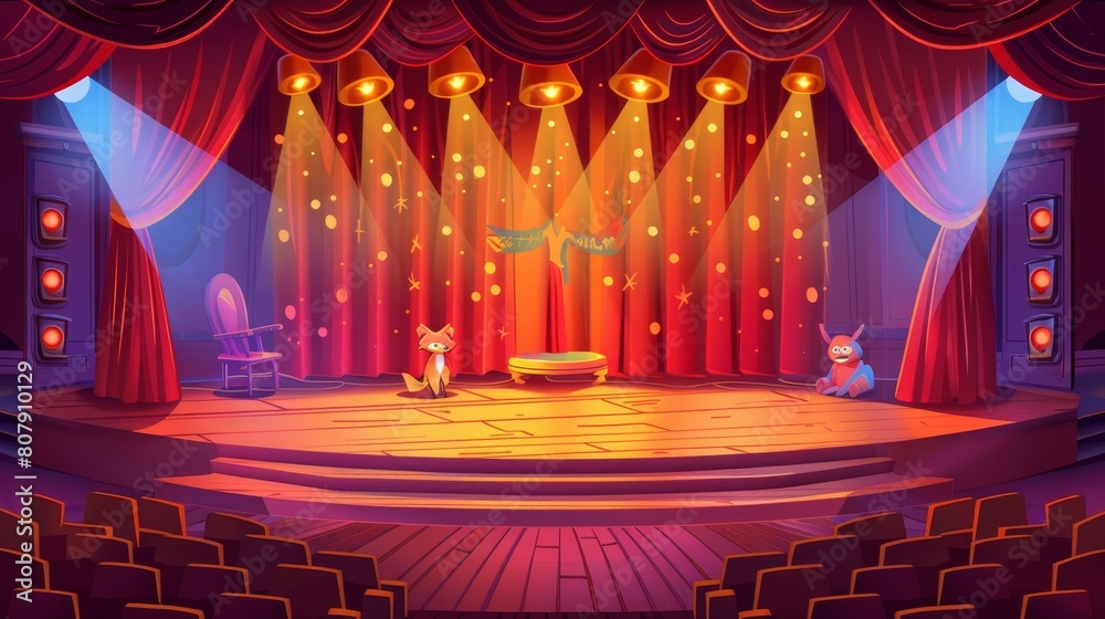 Animated puppet show on stage with red curtains, spotlights, and chairs ...