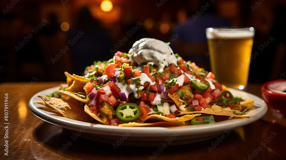A plate of nachos loaded with jalape?+/-os, black beans, melted cheddar ...