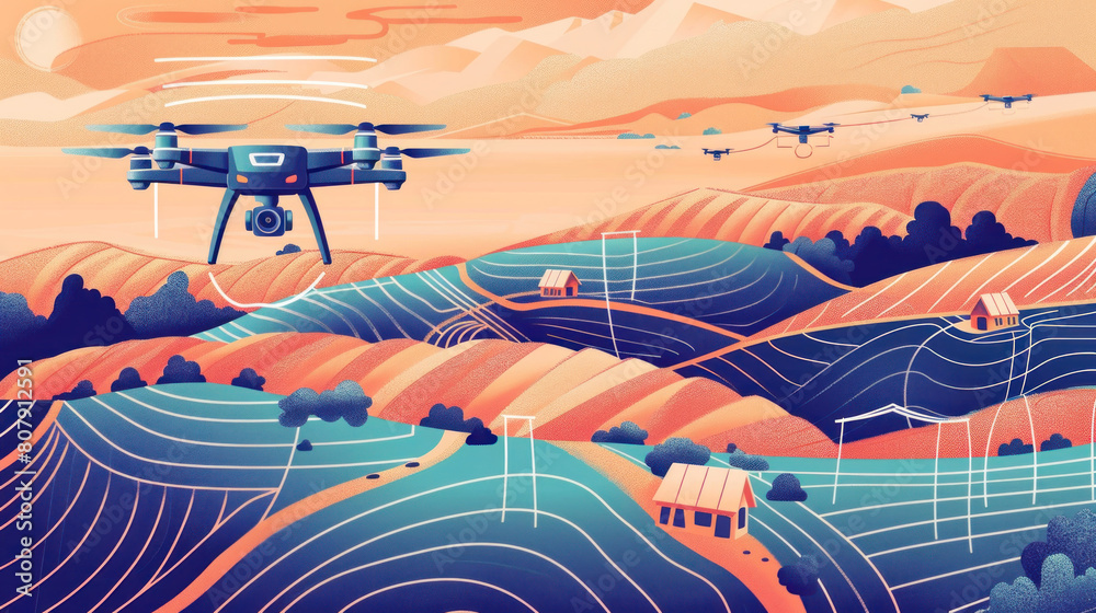 a depiction of agricultural drones equipped with lidar sensors mapping ...