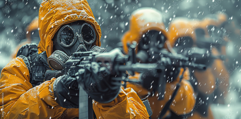 Soldiers dressed in yellow hazmat suits carrying assault rifles It is ...