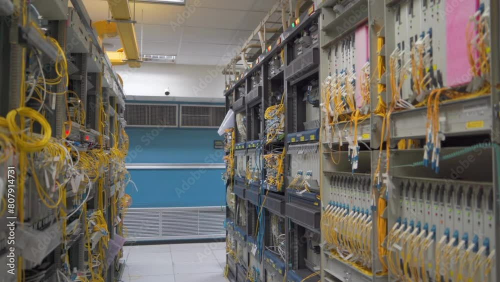 network server room server rack with fiber optic cables attached to ...
