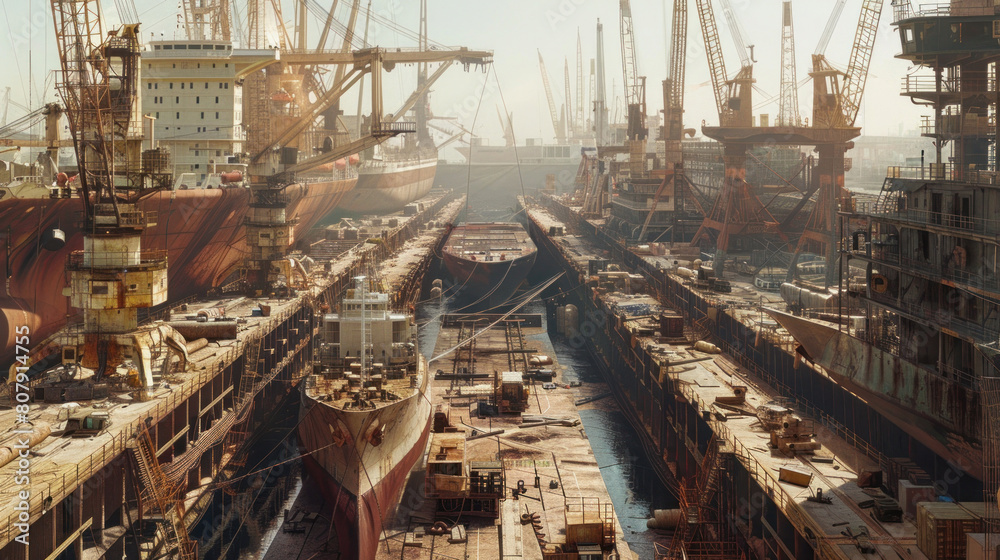 Foto de a panoramic view of a shipyard, with dry docks and gantry ...