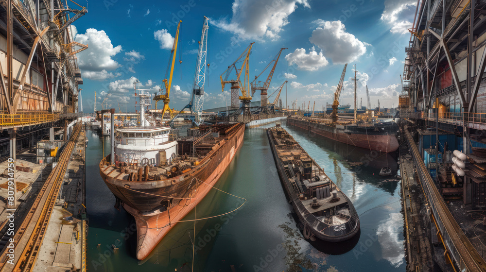 a panoramic view of a shipyard, with dry docks and gantry cranes ...