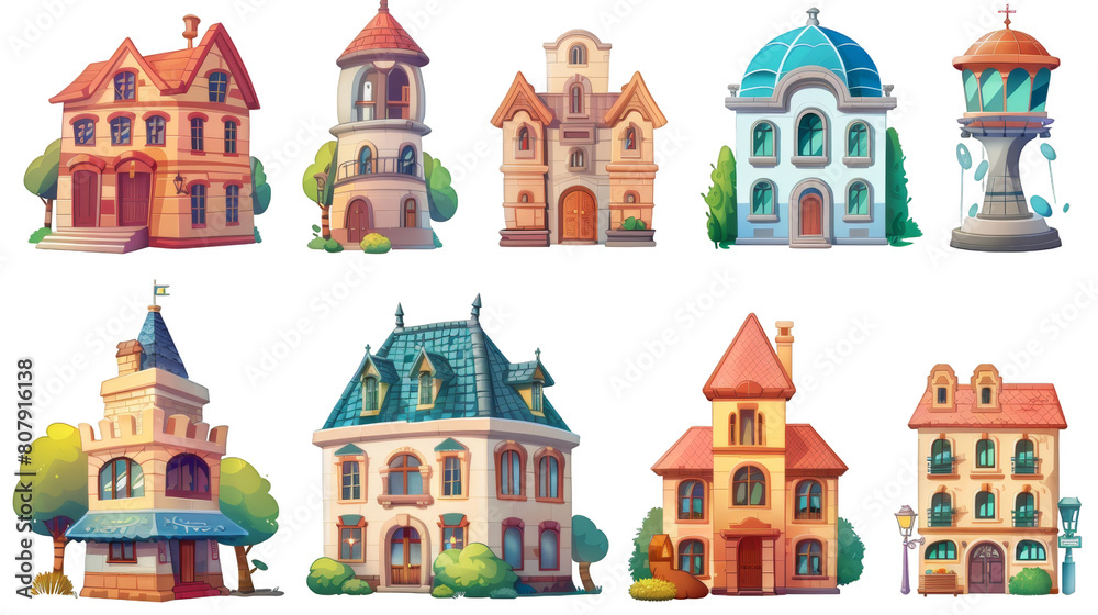 set of Building structure icons, cartoon style, cute icons, transparent ...
