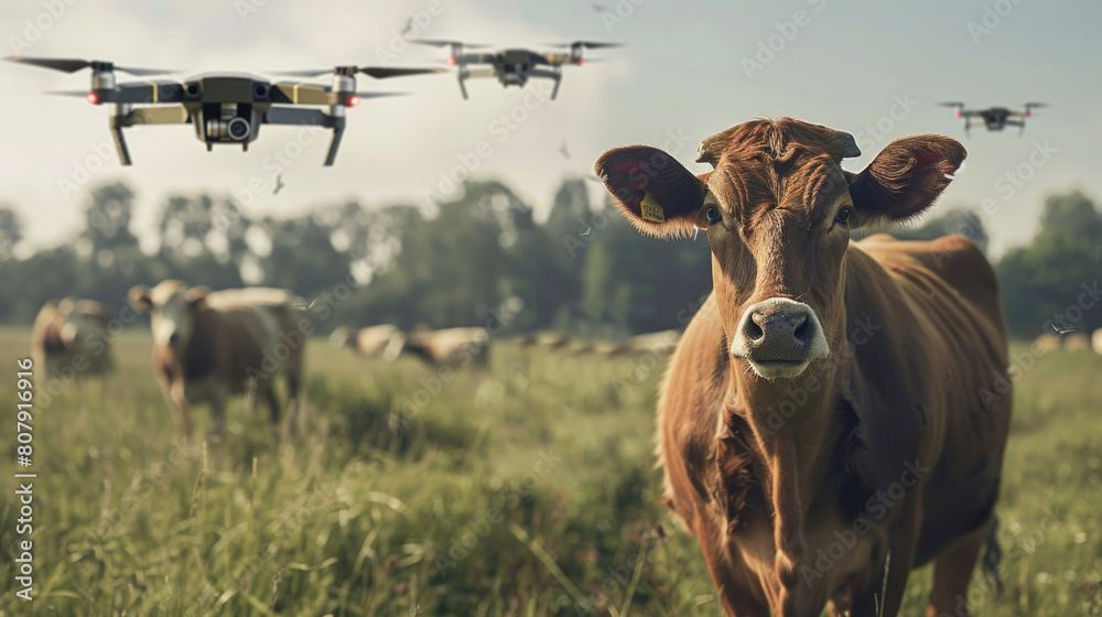 Generate a scene of agricultural drones surveying a livestock pasture, using thermal imaging ...