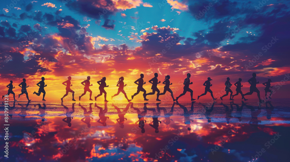 Generate a silhouette depiction of a group of marathon runners, each ...