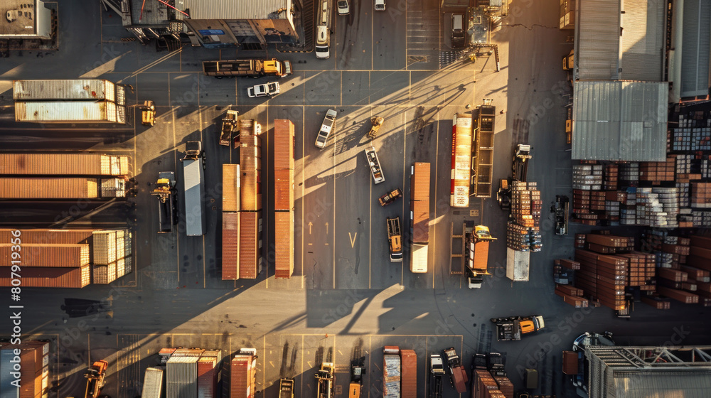an aerial drone view of a bustling logistics hub, with trucks and ...