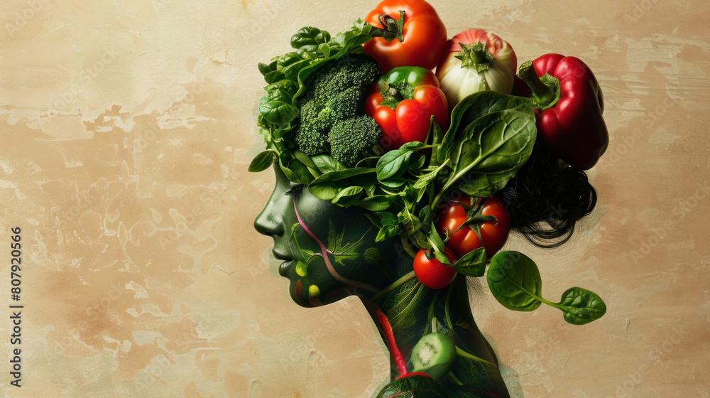 an artistic depiction of a female silhouette surrounded by vegetables ...