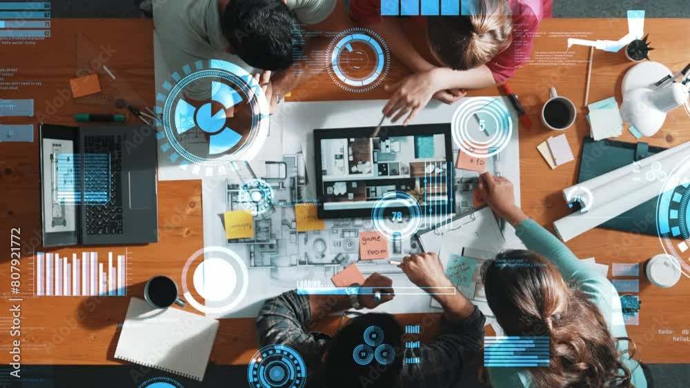 Top down view of civil engineer planning at blueprint. Smart architect ...