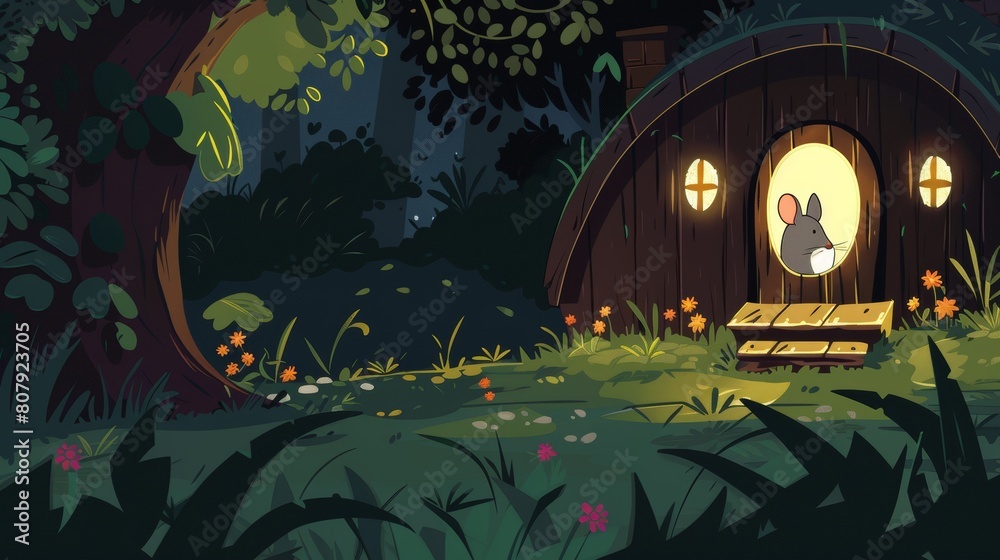 An exit for a lodger in a small mouse hole at night. A cute cartoon rat ...