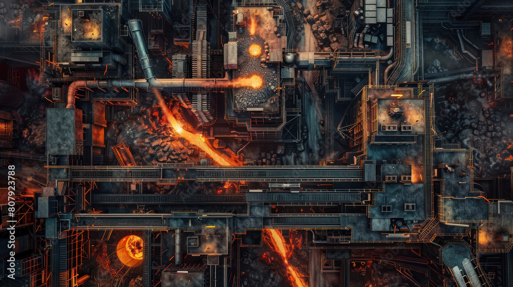 an overhead view of a busy steel mill, with molten metal pouring from ...