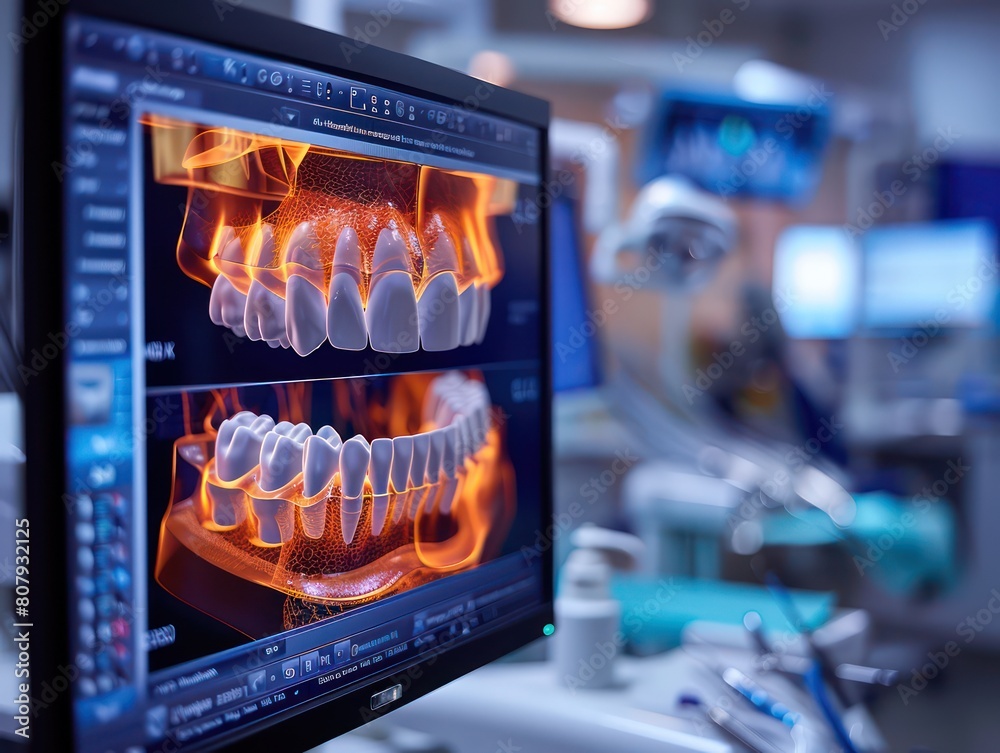 dental design software on the screens, with teeth and jaw images in a ...