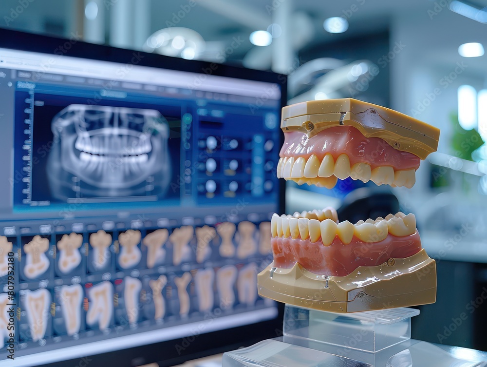 dental design software on the screens, with teeth and jaw images in a ...