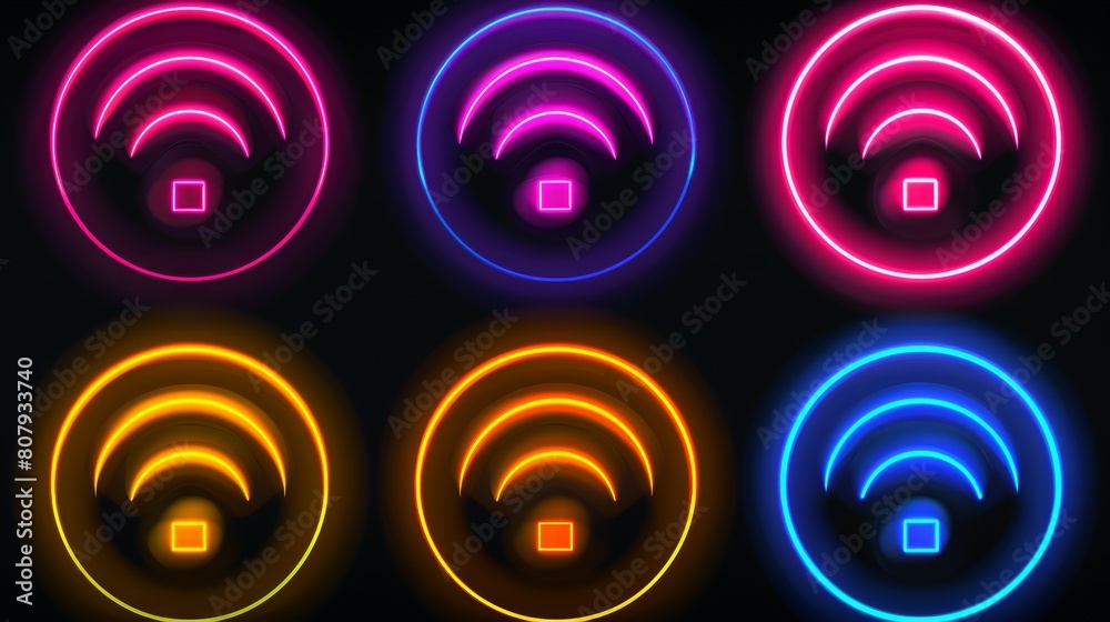 Modern set of neon signs representing digital sonic technology ...