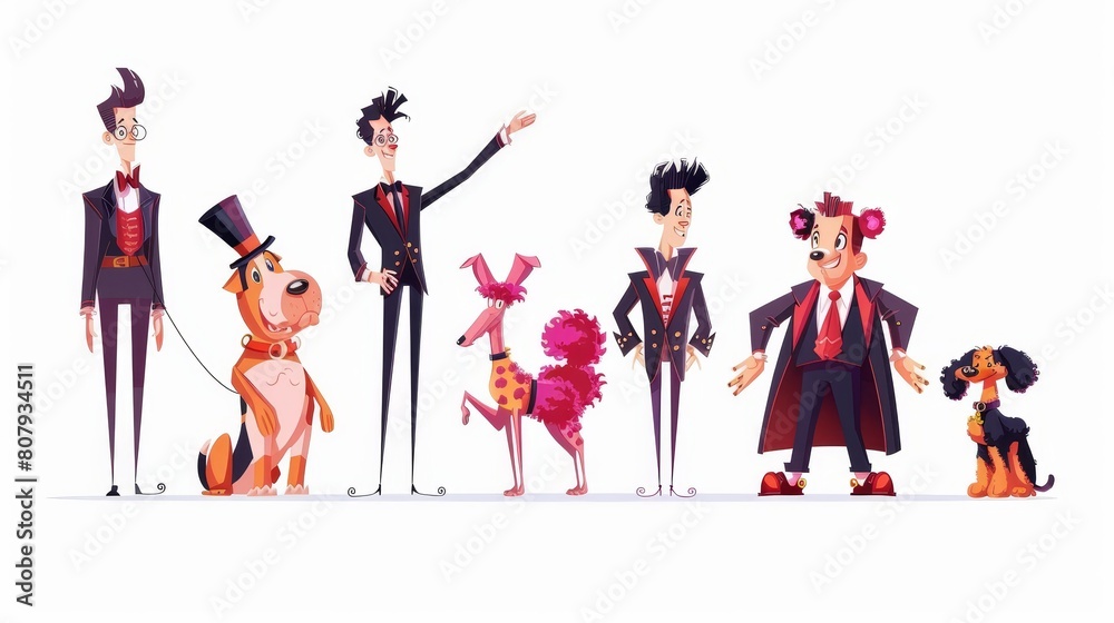 Set of moderns featuring a cartoon circus performer and his poodle. A ...